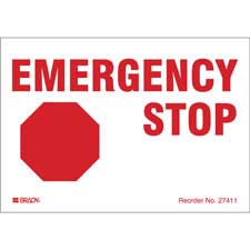 EMERGENCY STOP, 3.5" H x 5" W, Red on White, Pack of 8 Labels - Brady ...