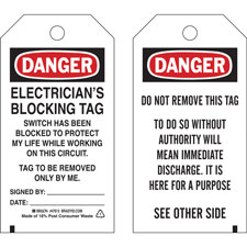 Tag: DANGER: ELECTRICIAN'S BLOCKING TAG SWITCH HAS BEEN BLOCKED TO ...