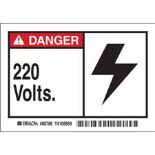 DANGER 220 Volts Labels - Brady Part: 86786 | Brady | BradyID.com